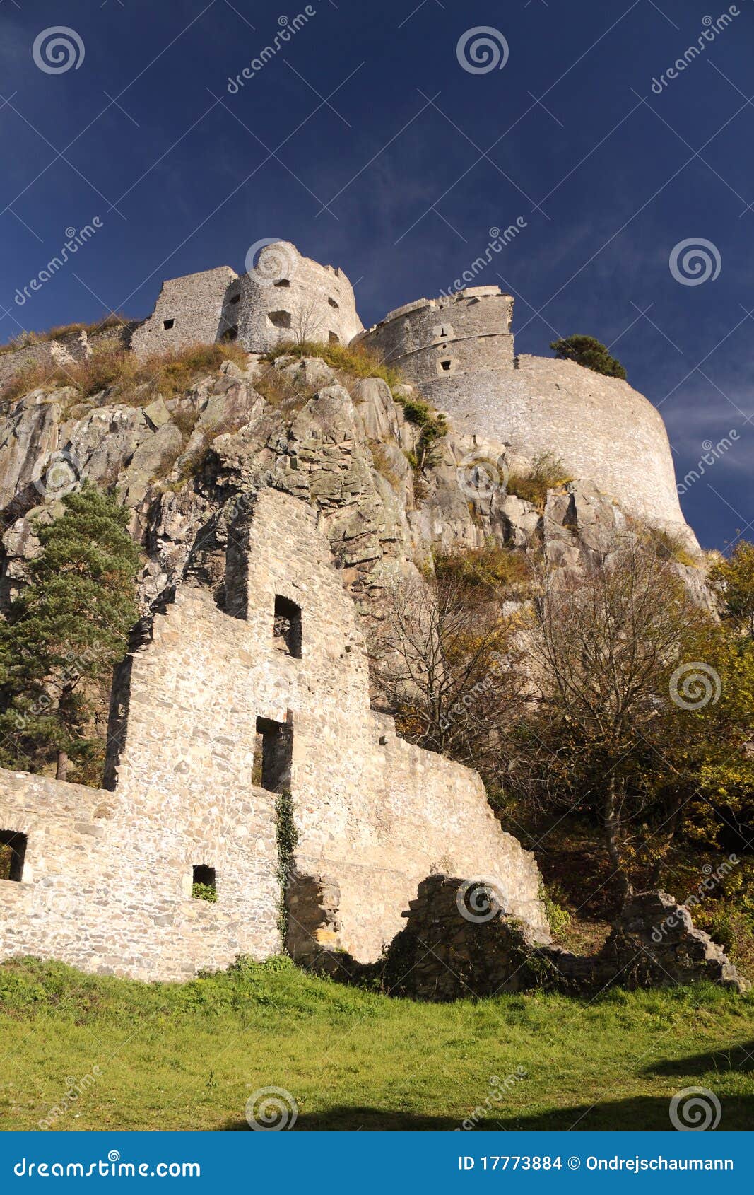 Ruined Castle Walls with Tower Above Stock Photo - Image of building ...