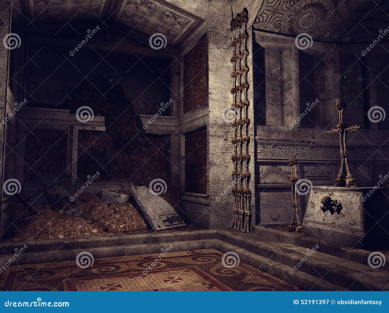 Ruined crypt with bones stock illustration. Illustration of chapel ...