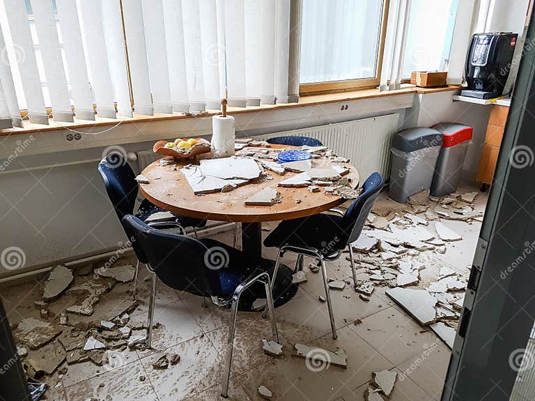 Ruined Kitchen by Collapsed Ceiling. Stock Photo - Image of leaky ...