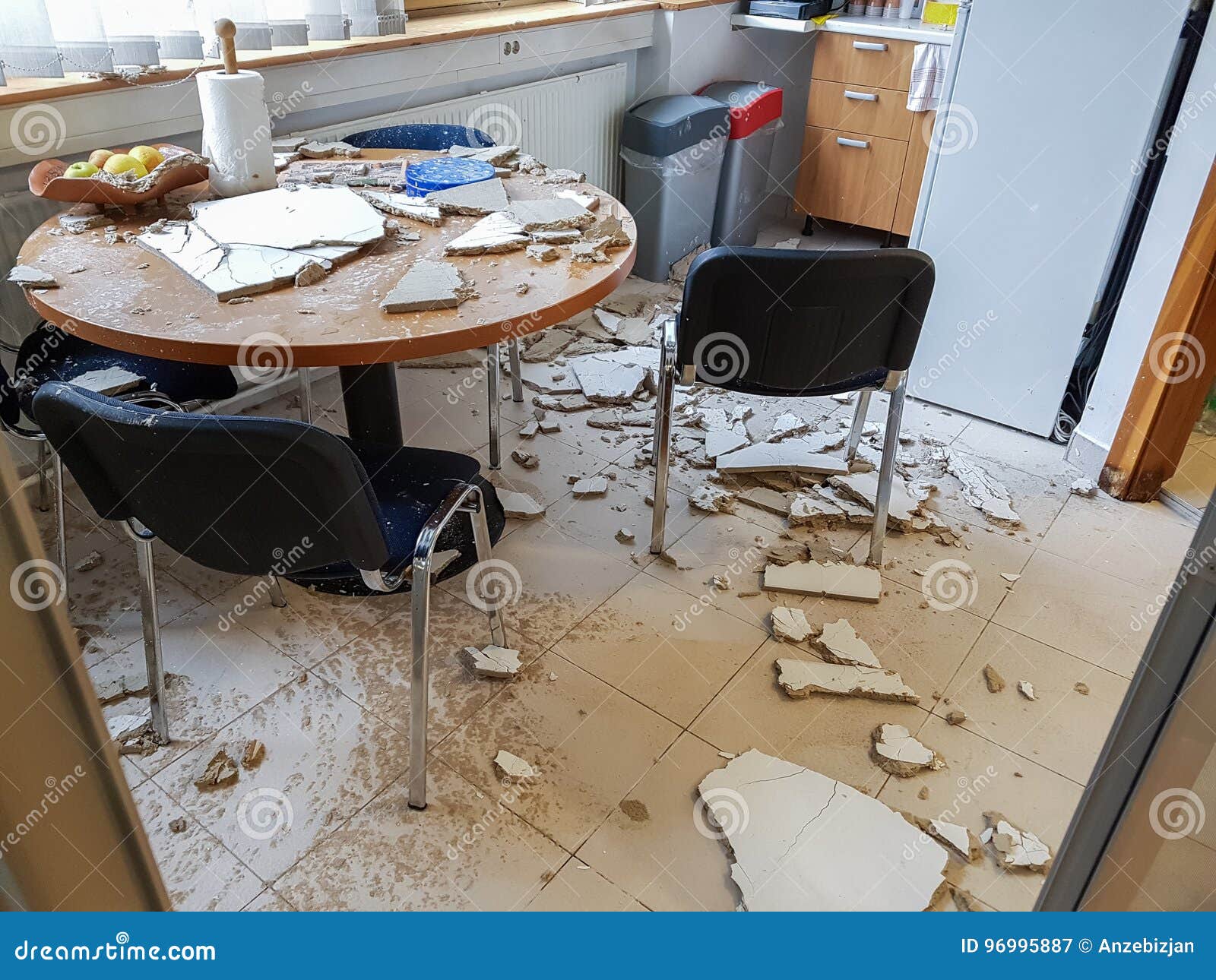 Ruined Kitchen by Collapsed Ceiling. Stock Image - Image of neglect ...