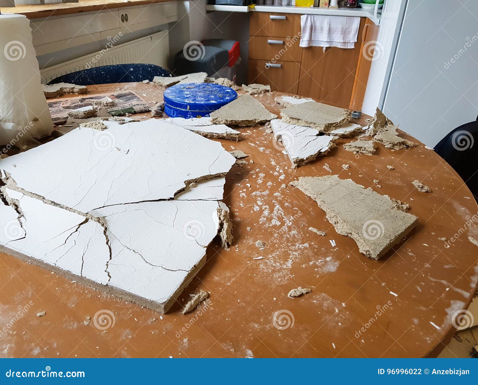 Ruined Kitchen by Collapsed Ceiling. Stock Photo - Image of destruction ...