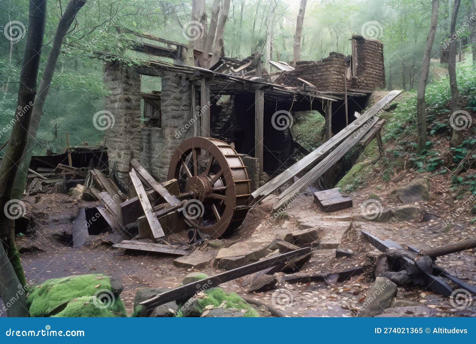 Ruined Mill with Broken Machinery and Fallen Timbers Lying in Disarray ...