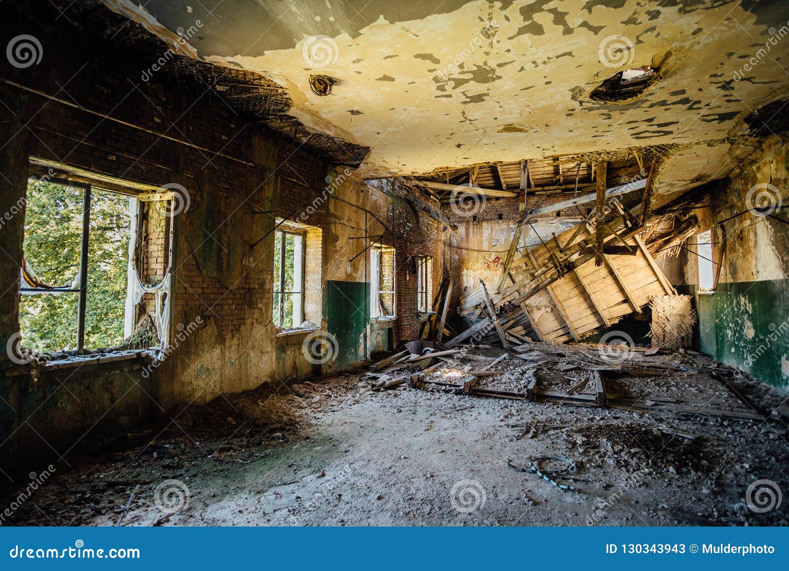 Ruined Room, Collapsed Ceiling in Abandoned Building Stock Image ...