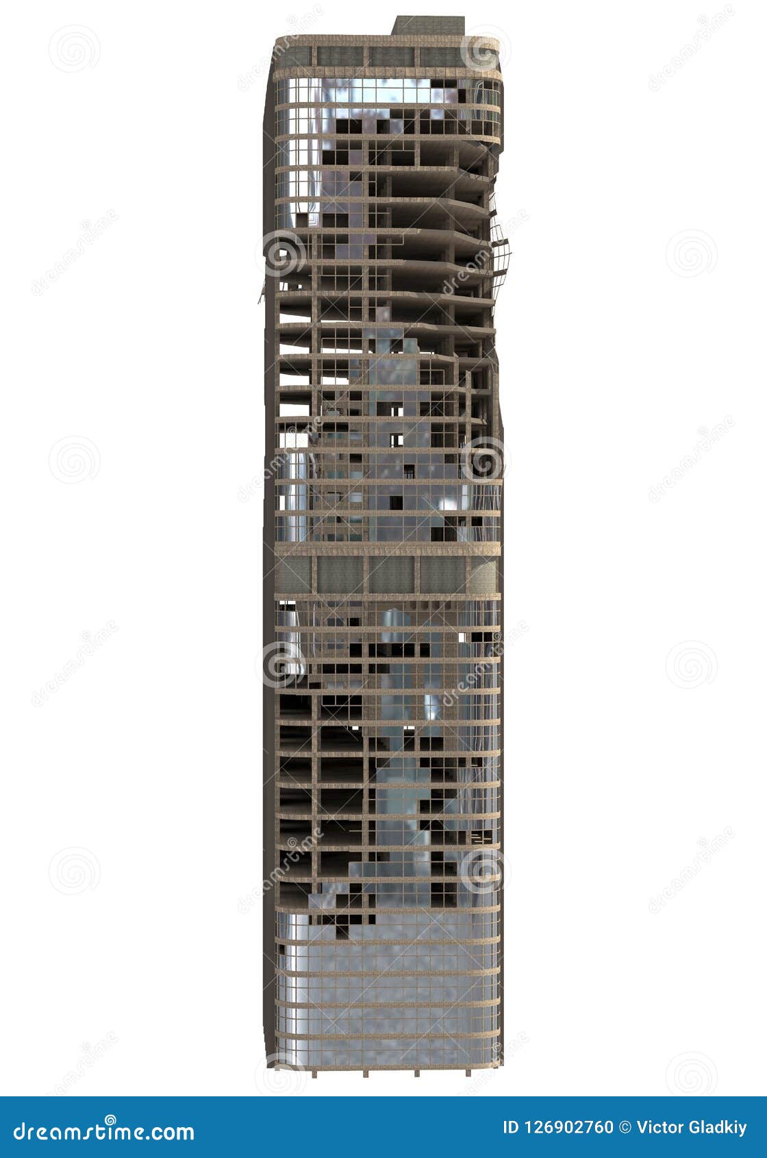 Ruined Skyscraper Isolated on White 3D Illustration Stock Illustration ...