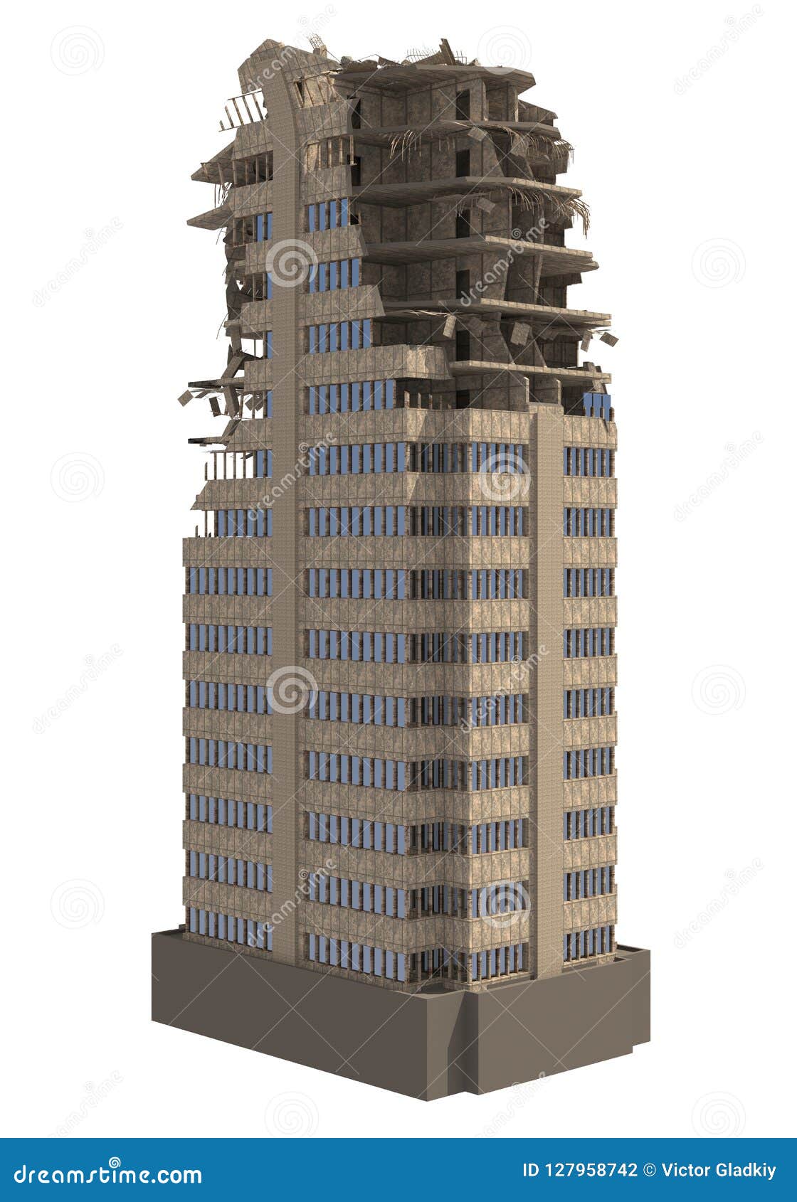 Ruined Skyscraper Isolated on White 3D Illustration Stock Illustration ...