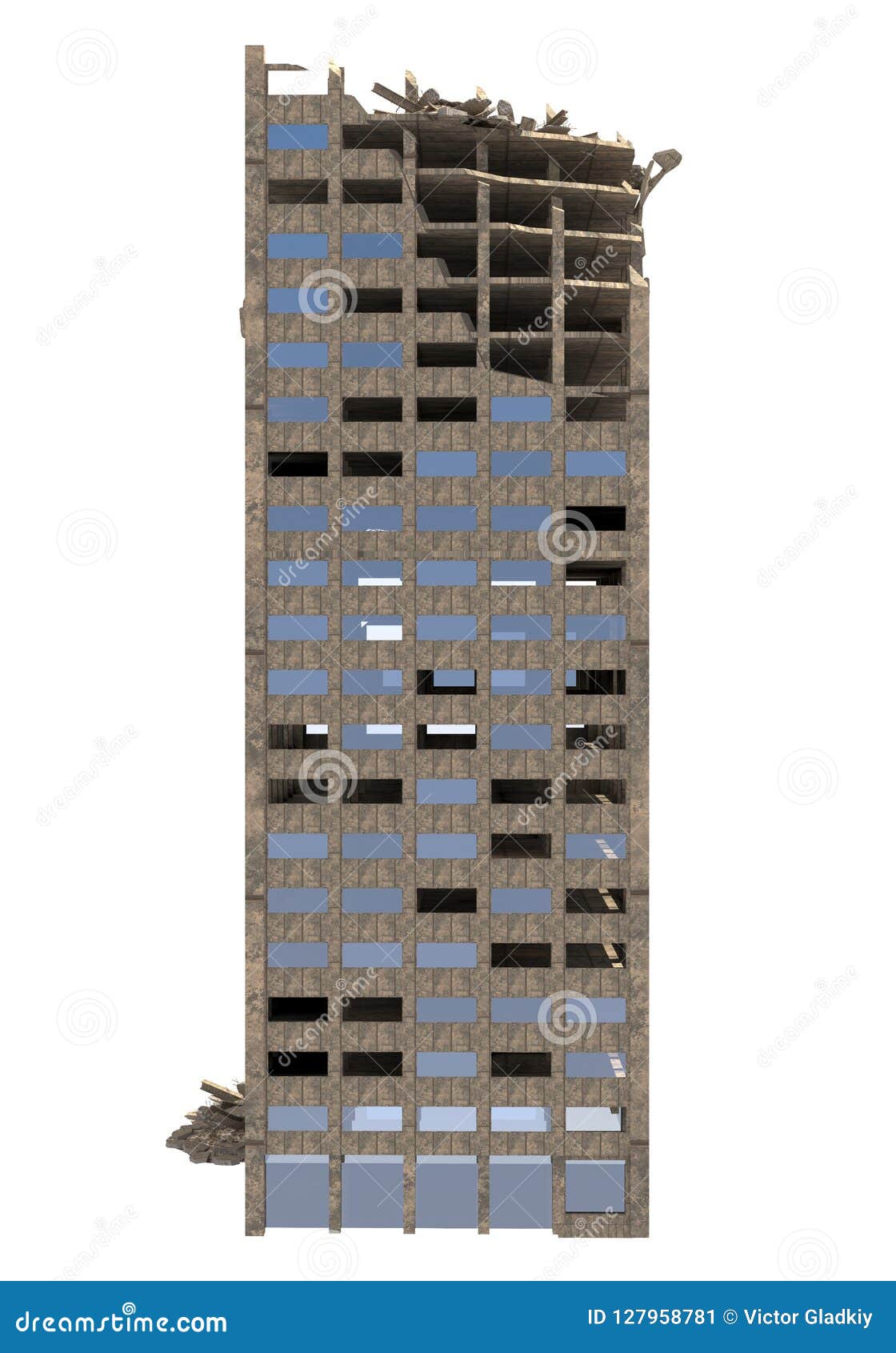 Ruined Skyscraper Isolated on White 3D Illustration Stock Illustration ...