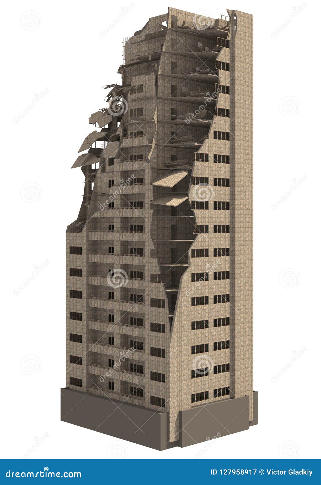 Ruined Skyscraper Isolated on White 3D Illustration Stock Illustration ...