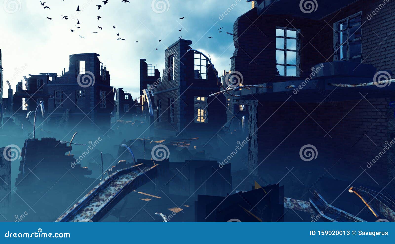 The Ruins of an Abandoned Destroyed Post-apocalyptic City at Sunset ...