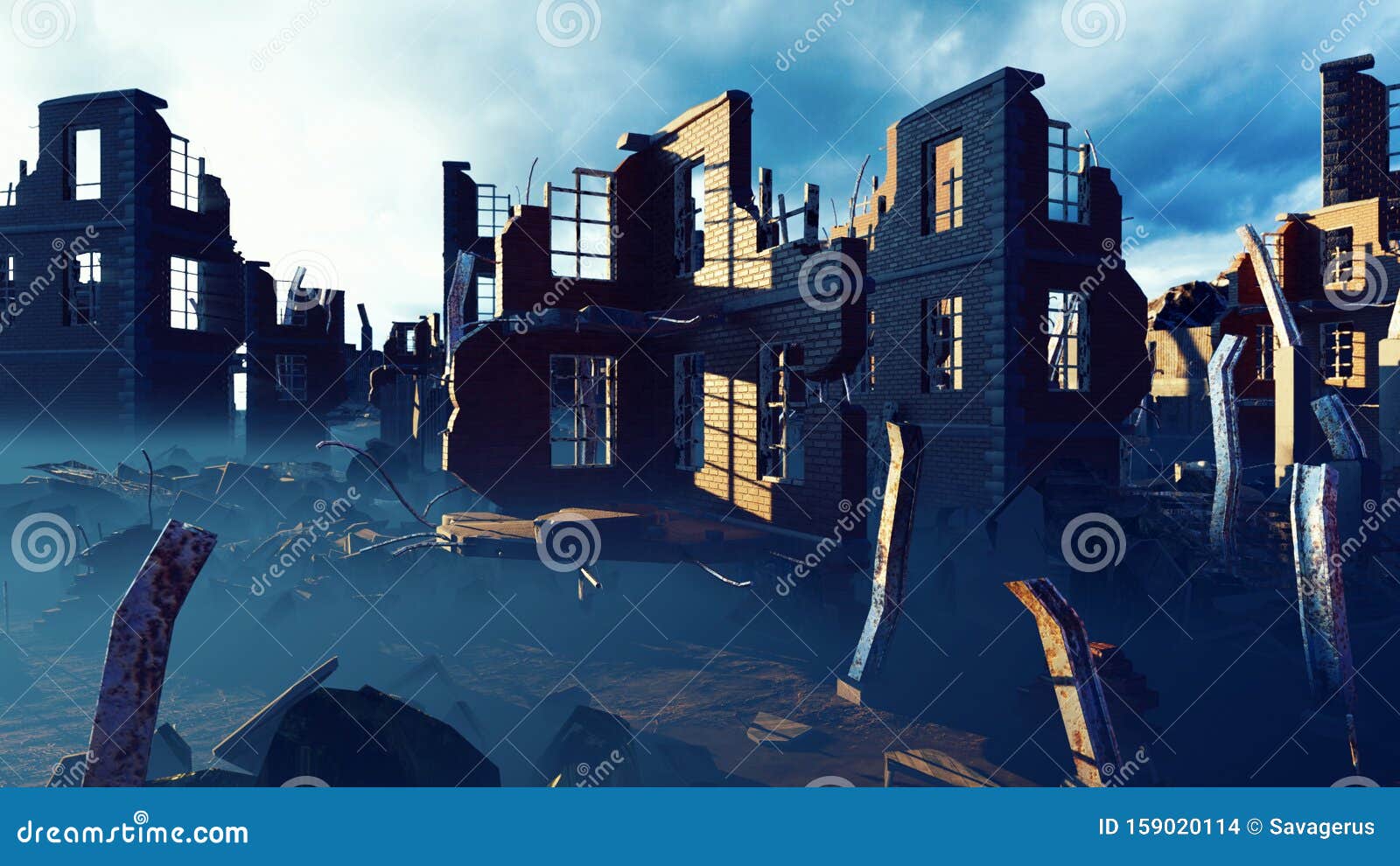 The Ruins of an Abandoned Destroyed Post-apocalyptic City at Sunset ...