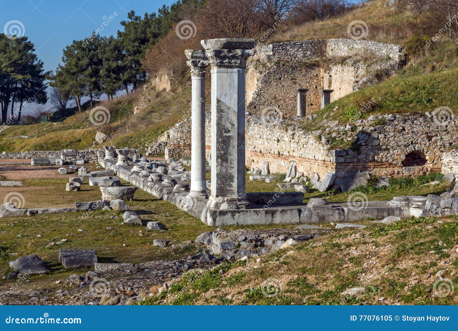 Ruins and Ancient Columns in the Archeological Area of Philippi, Greece ...
