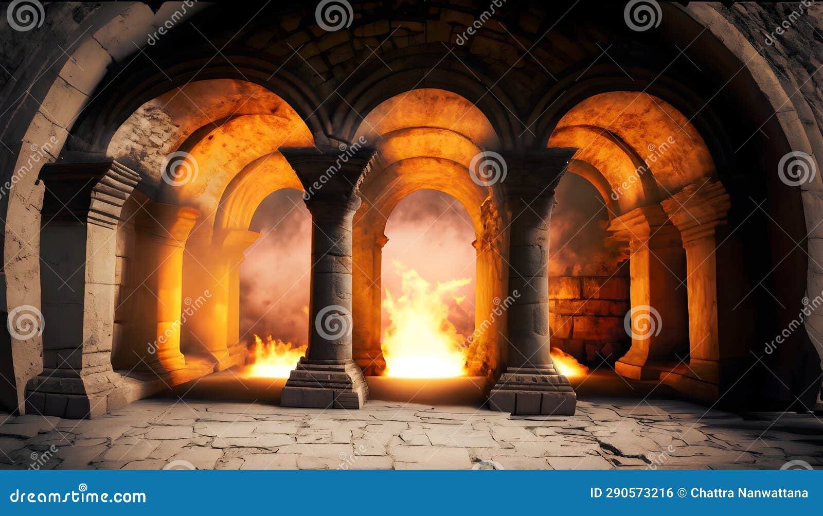 Ruins of Ancient Temple in Fire. 3D Rendering. Fantasy Stock Photo ...