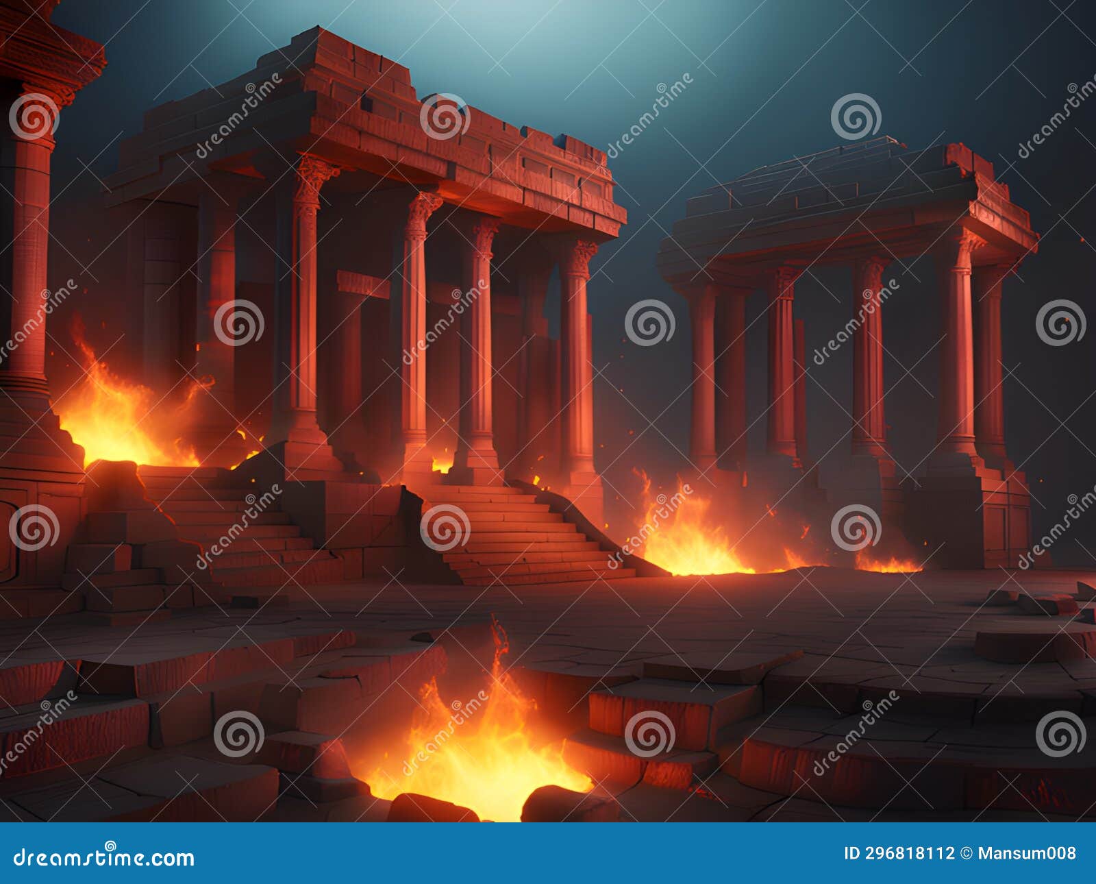 Ruins of the Ancient Temple with a Fire Stock Illustration ...