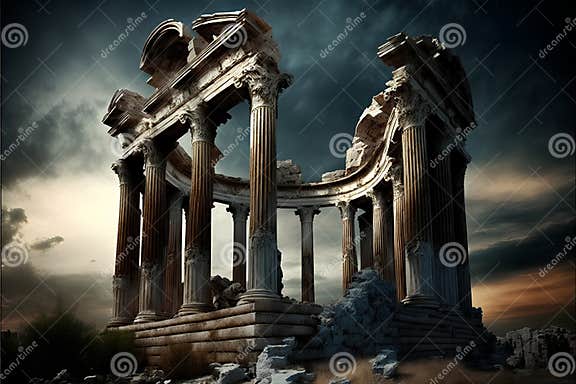 Ruins of Ancient Temple at Sunset, Greece. 3D Render Stock Illustration ...