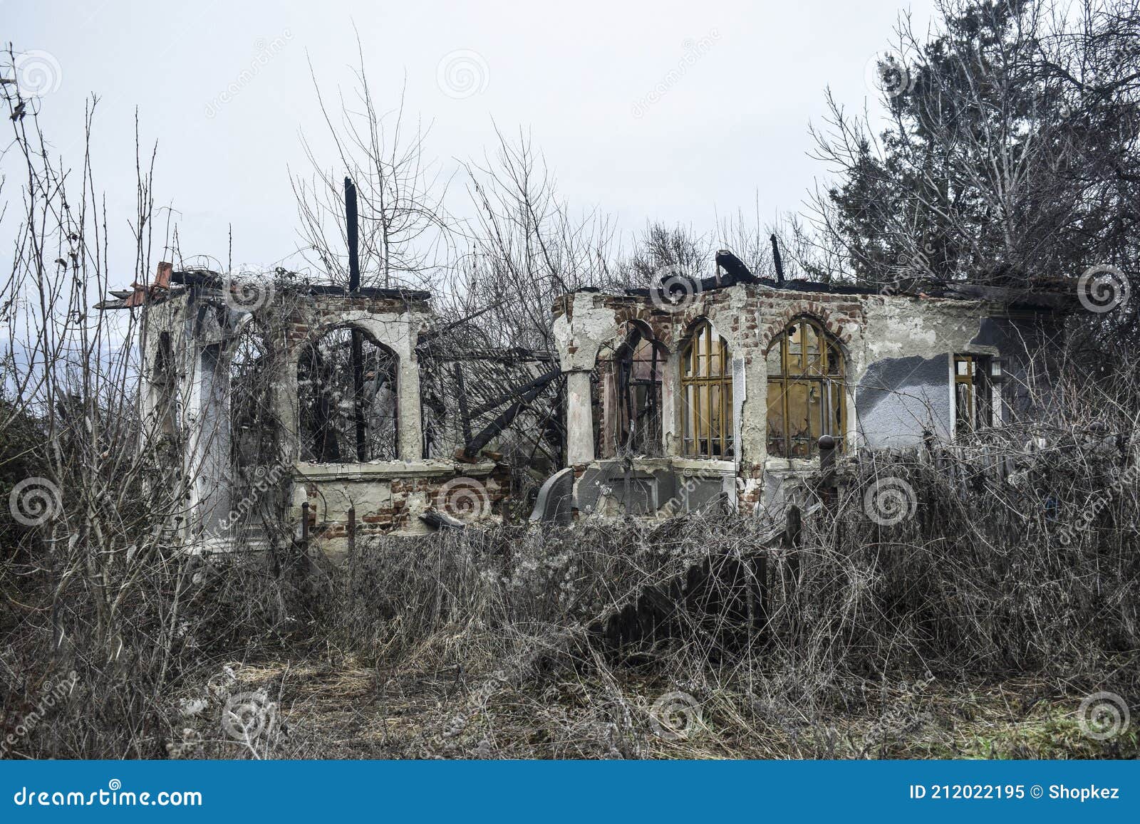 Ruins Of Burned Brick House After Fire Disaster Accident. Corridor ...