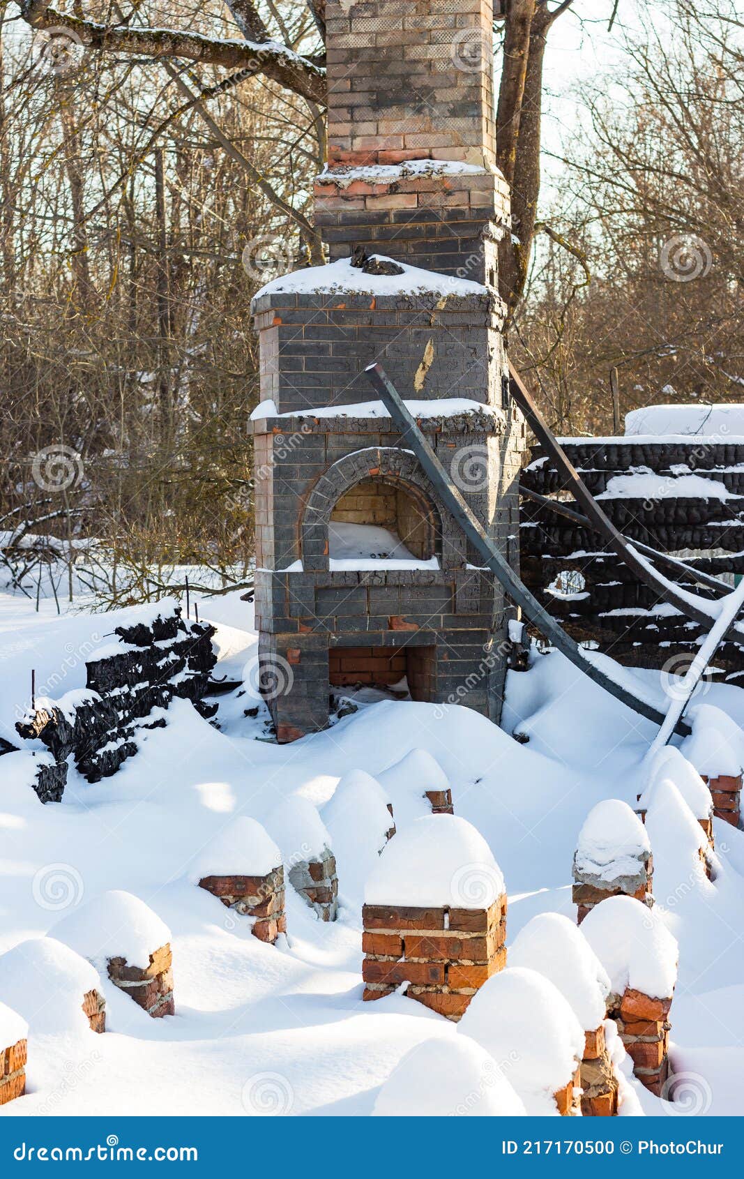 Ruins of a Burnt House with a Stone Oven Under the Snow Stock Photo ...