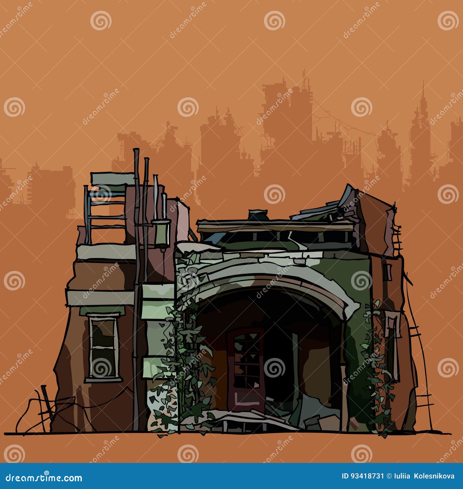 Old Dilapidated Remnant Of A Brick Building With Debris Cartoon Vector ...