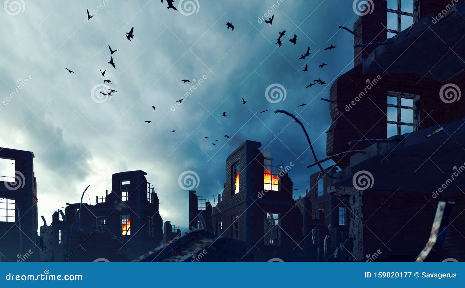 The Ruins of an Deserted Destroyed Post-apocalyptic City at Sunset. the ...