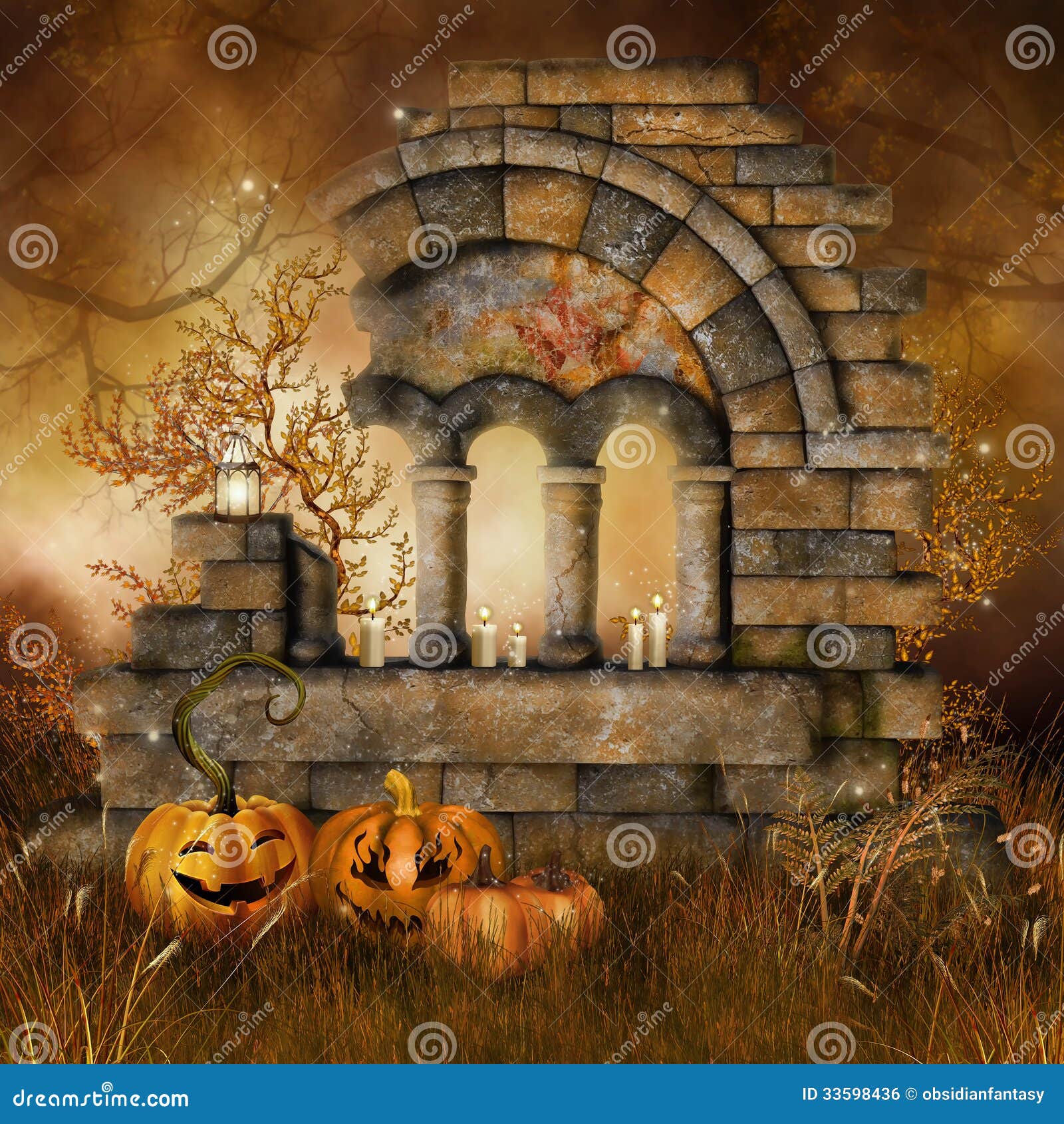 Ruins with Halloween Pumpkins Stock Illustration - Illustration of ...