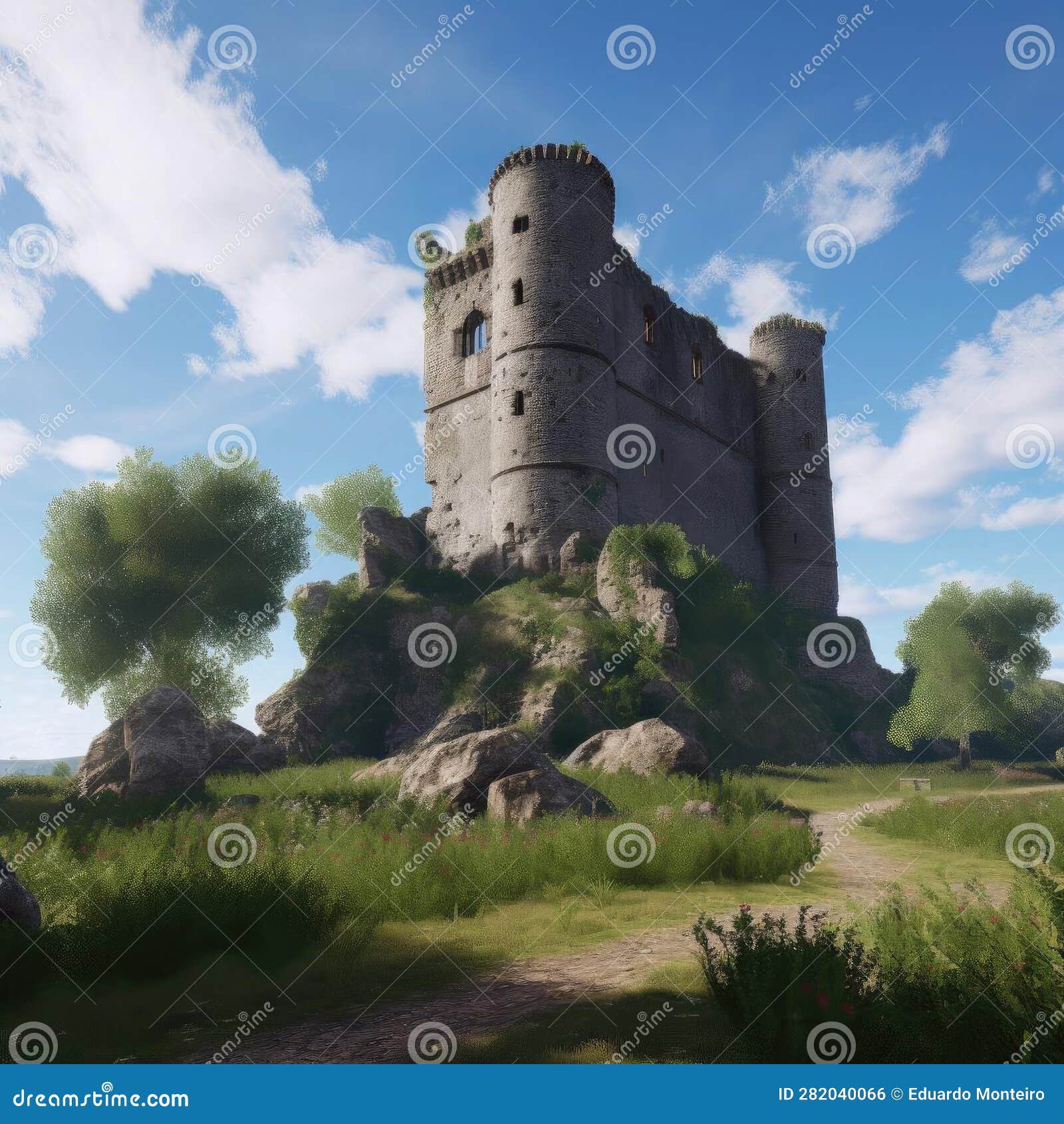 Ruins of Medieval Castle with Green Grass and Blue Sky with Clouds ...