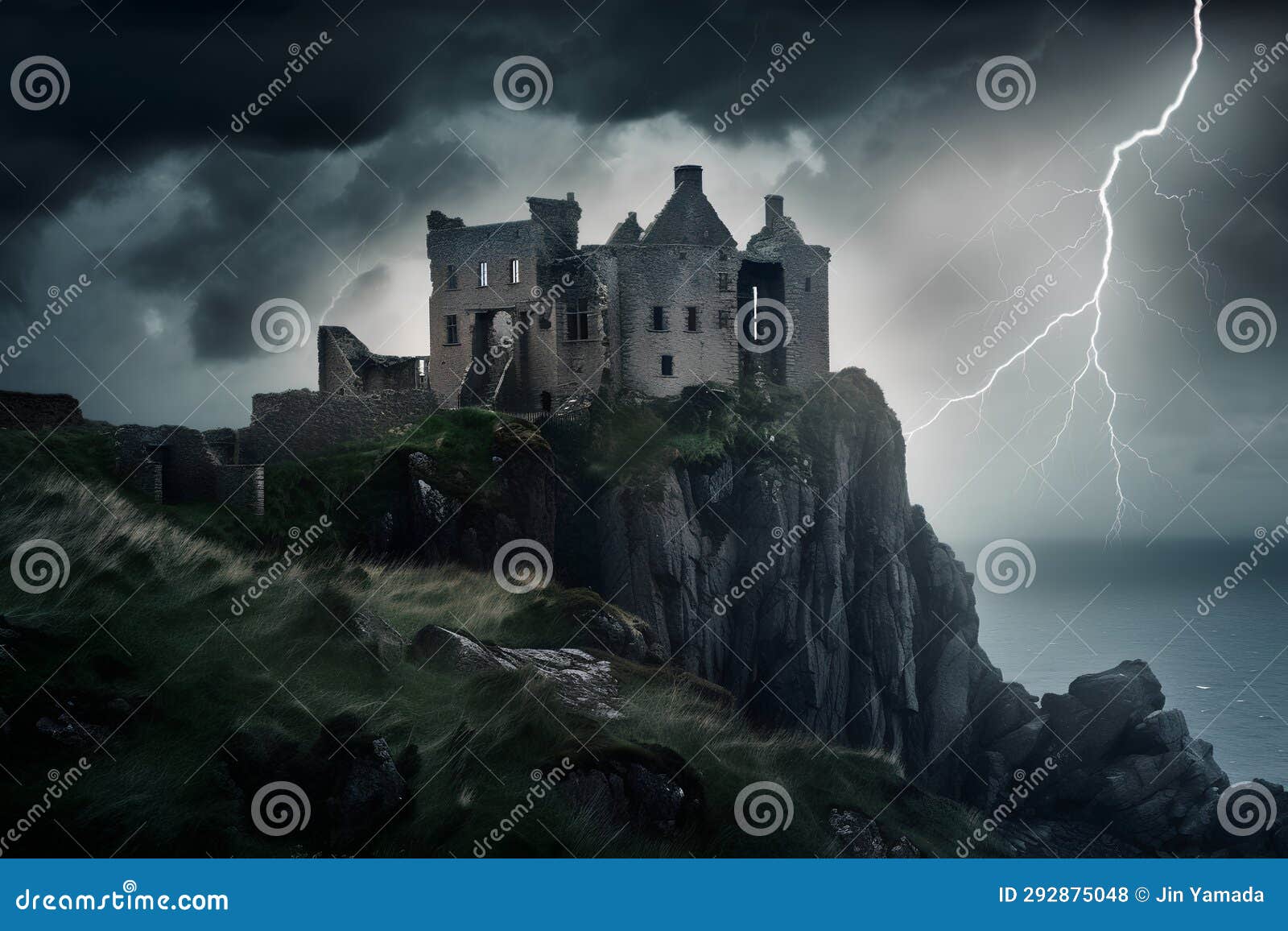 Ruins of a Medieval Castle in a Stormy Landscape with Lightning Stock ...