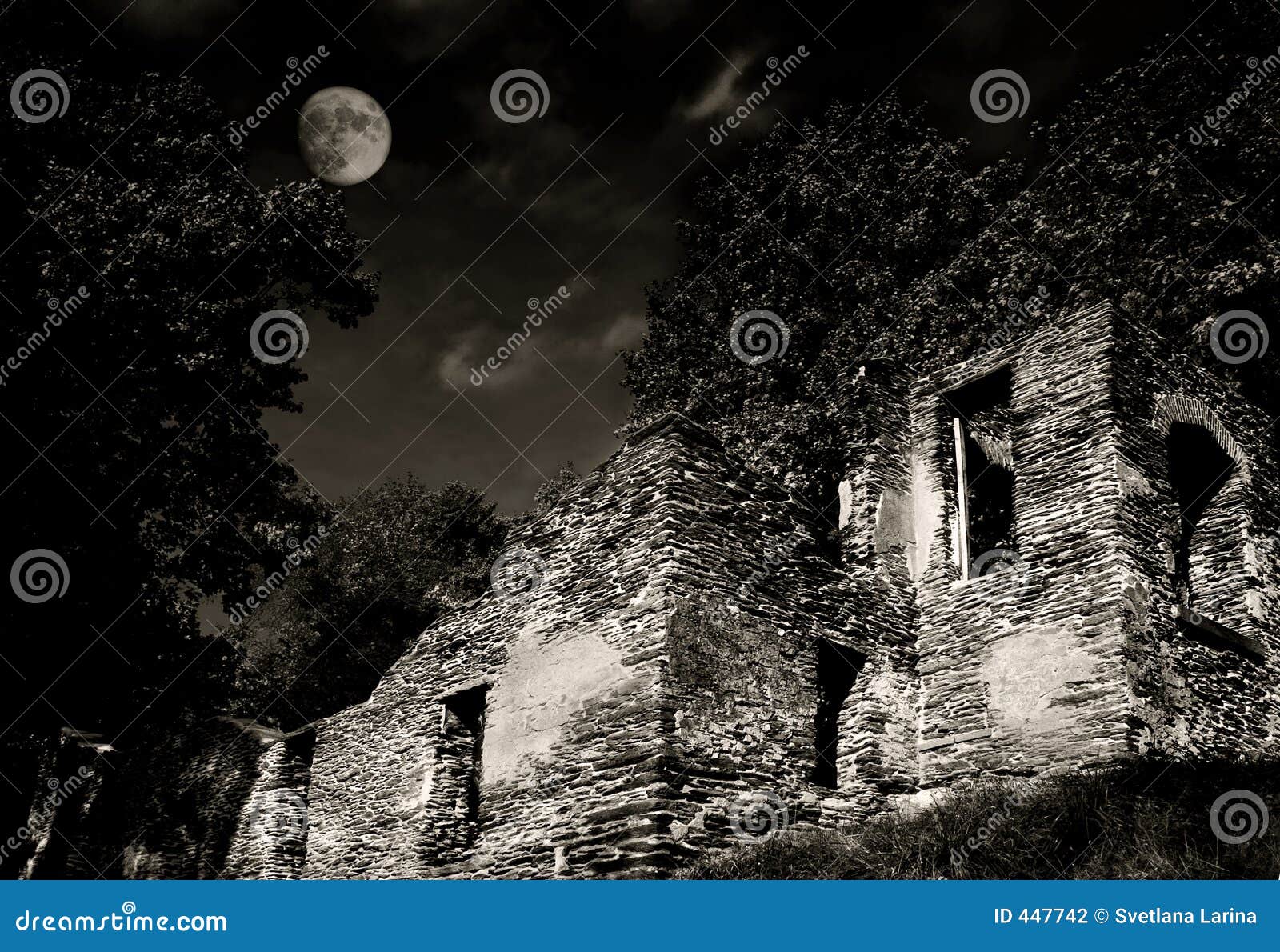 Ruins at Night with Moon (sepia) Stock Photo - Image of dark, castle ...