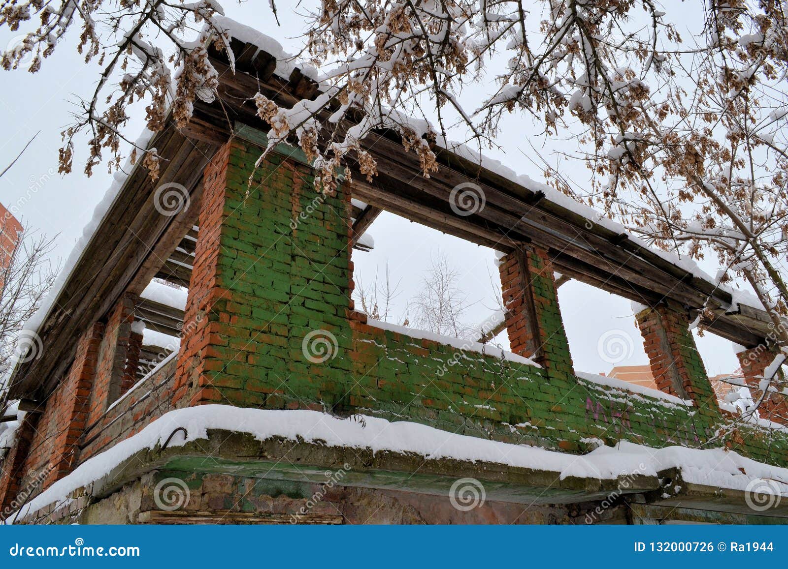 The Ruins of an Old Brick House Covered with Snow Stock Photo - Image ...