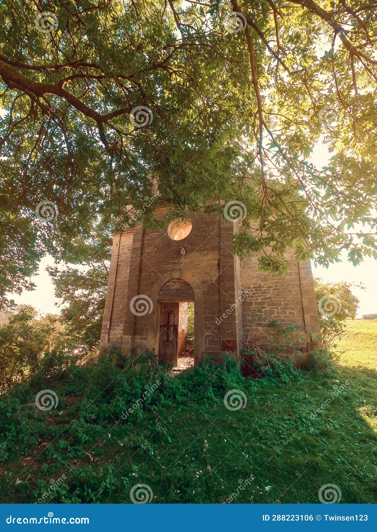 Ruins of an Old Church Under Green Trees Stock Photo - Image of tree ...