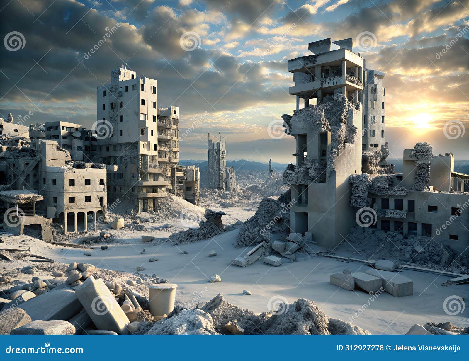 Ruins of a post-war city. stock illustration. Illustration of winter ...