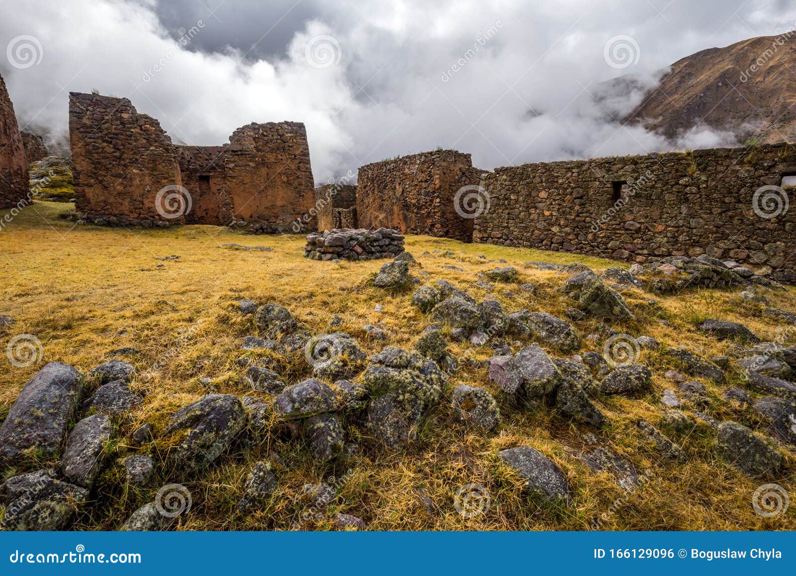 Ruins of the Village of Pumamarka - Puma Marka, and Llamas. Peru Stock ...