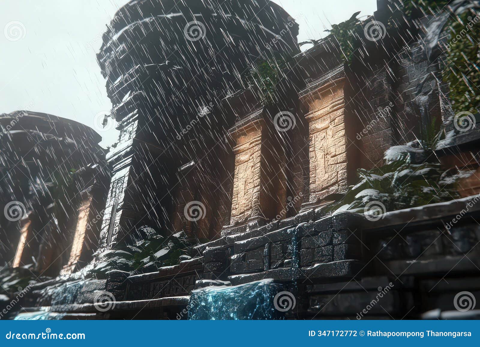 Ruins in the Rain stock illustration. Illustration of metallic - 347172772