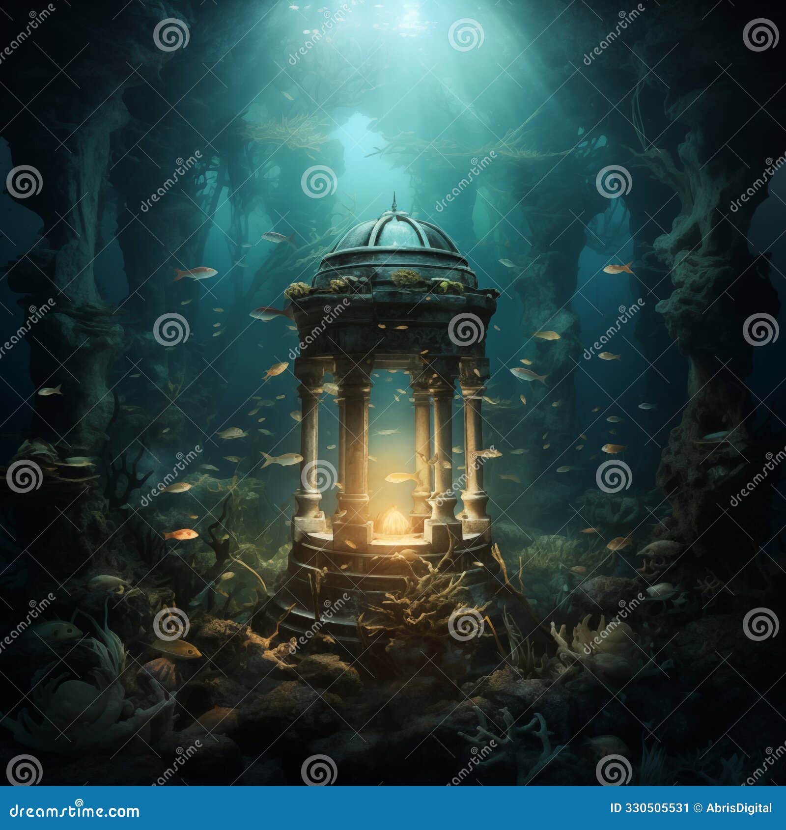 Ancient Underwater City Overgrown With Glowing Flora. Mysterious Temple ...