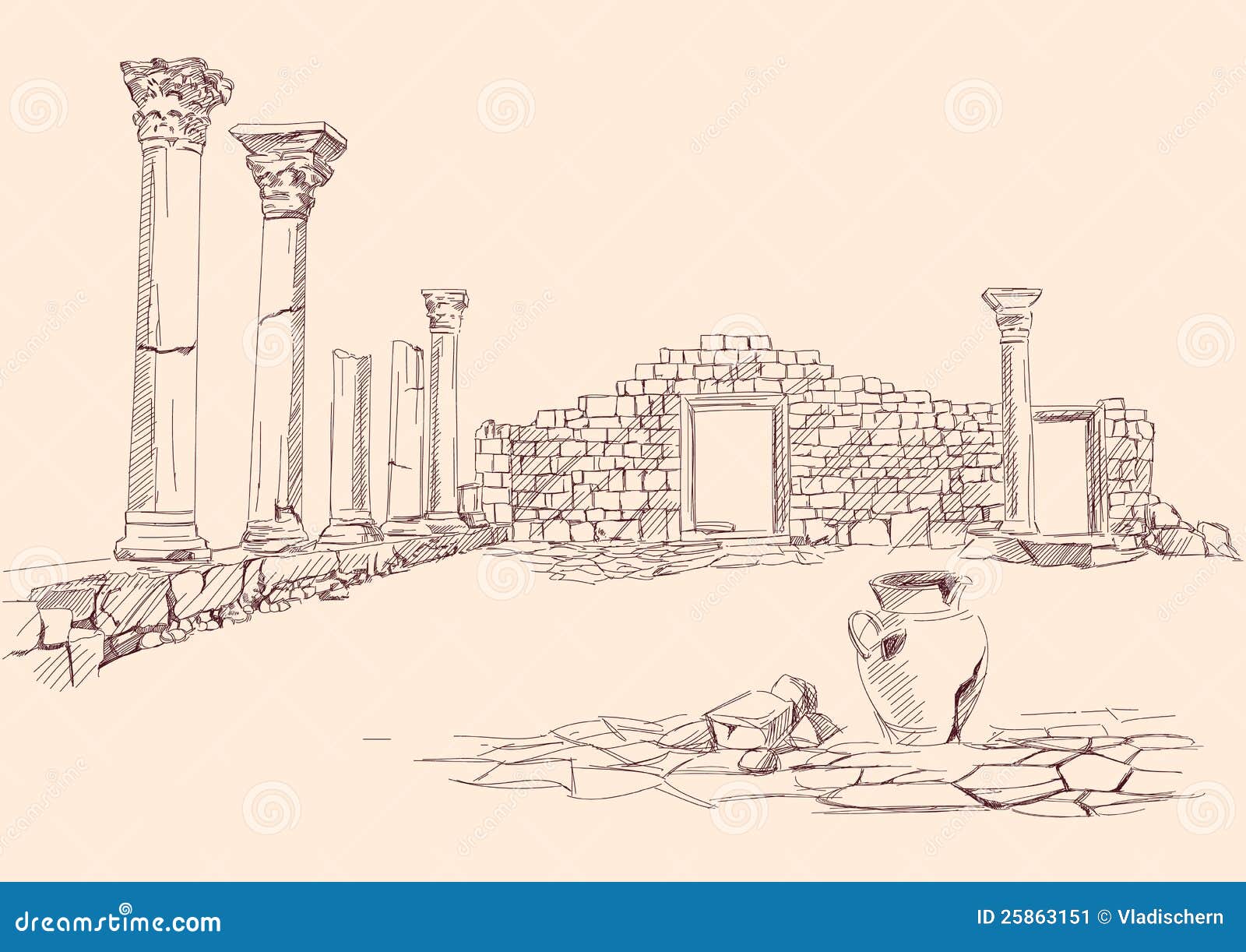 Ruins of Temple Archaeology Hand Drawn Stock Vector - Illustration of ...