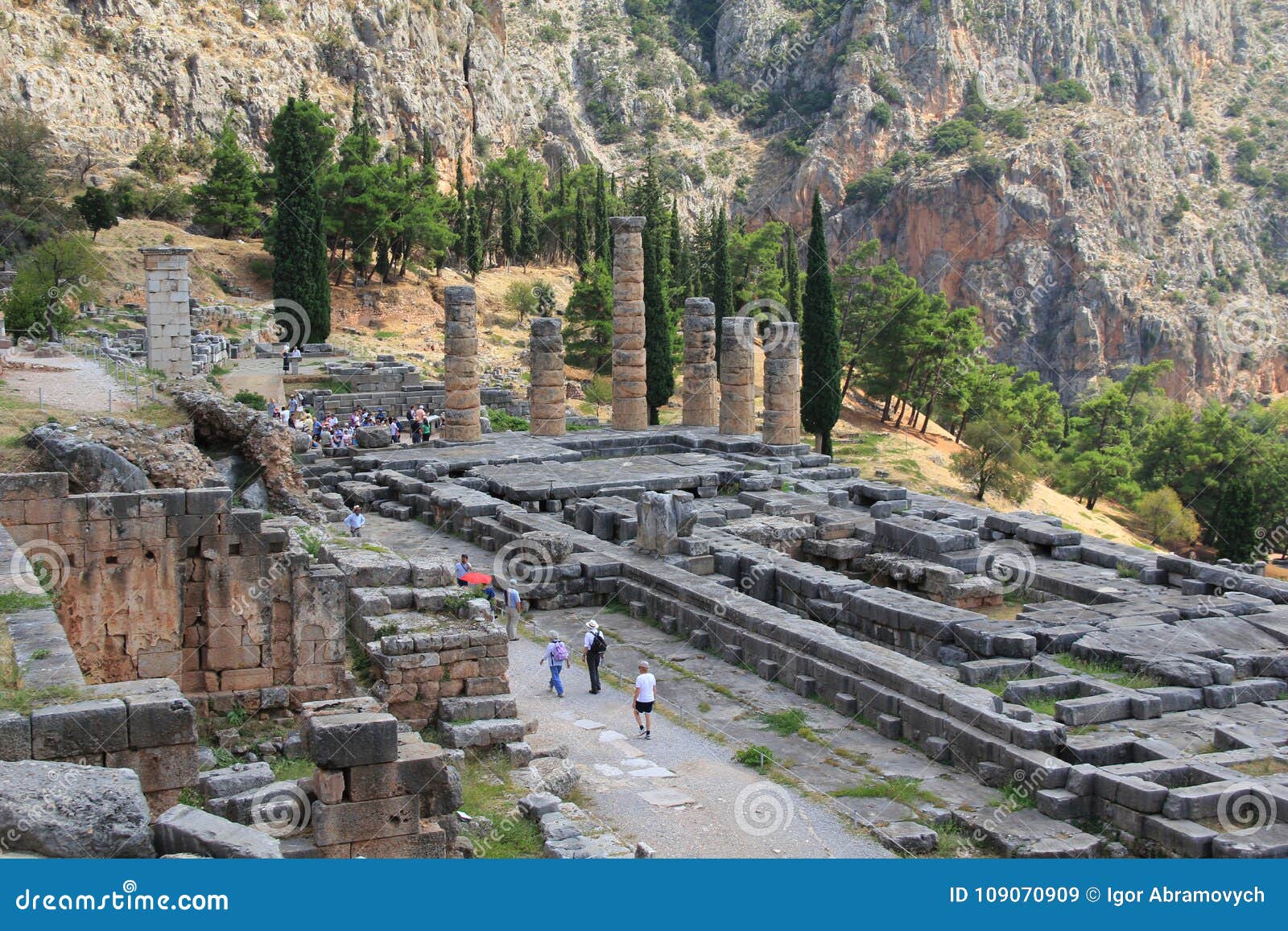 Delphi`s Temple Of Apollo And Amphitheater With Sweeping View Of The ...
