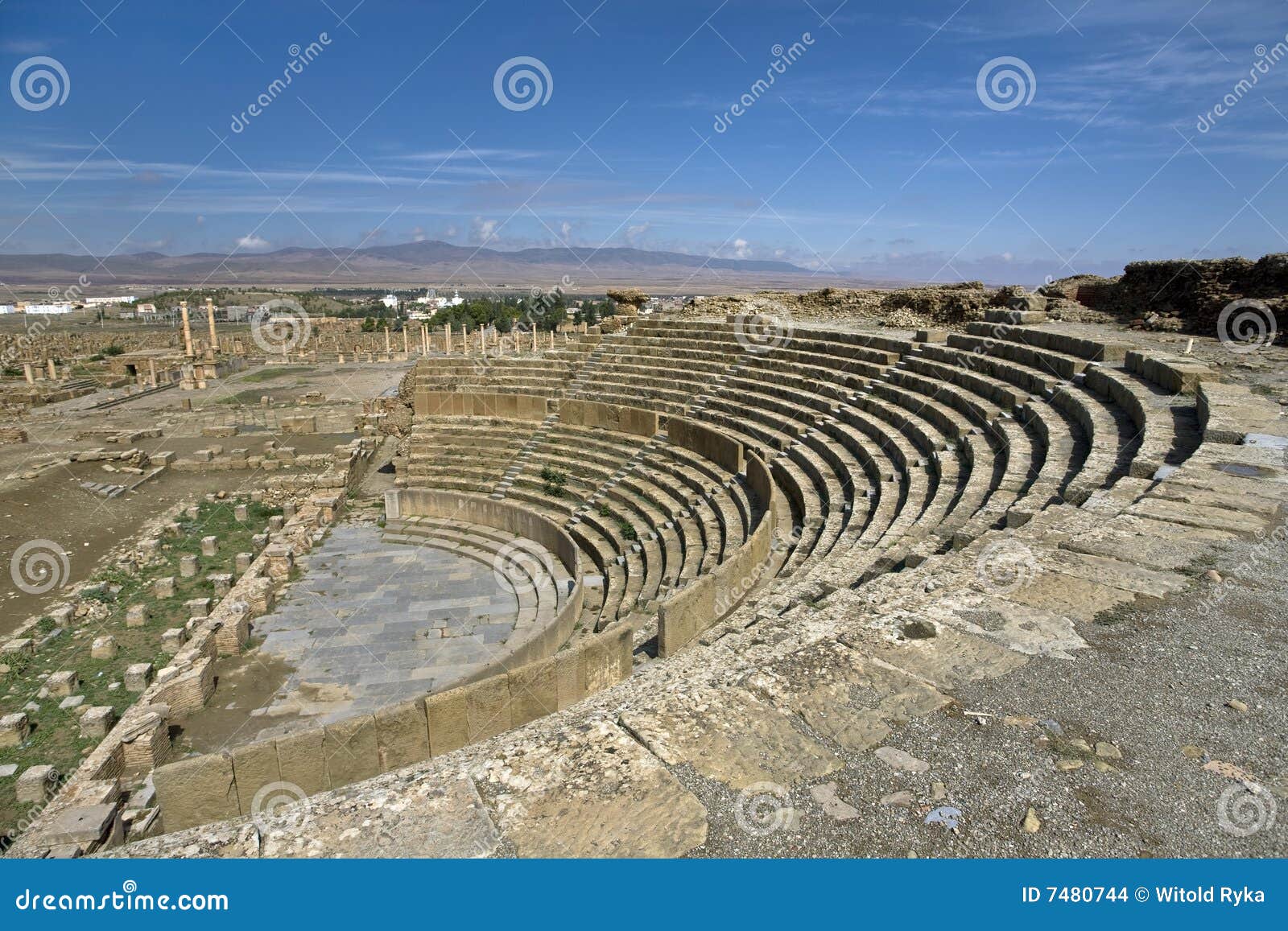 Ruins of theatre in Timgad stock photo. Image of angle - 7480744