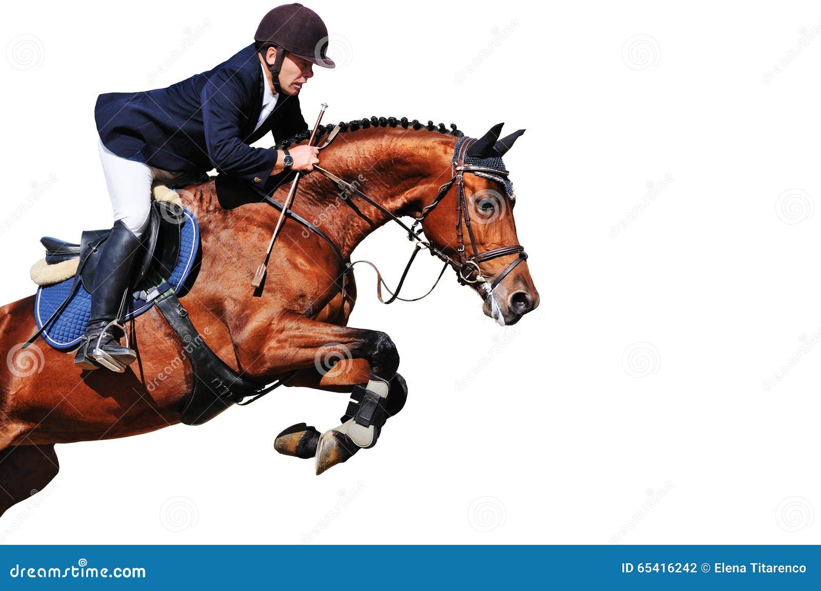 Ruiter: De Ruiter Met Baaipaard in Het Springen Toont, Geïsoleerd Stock ...