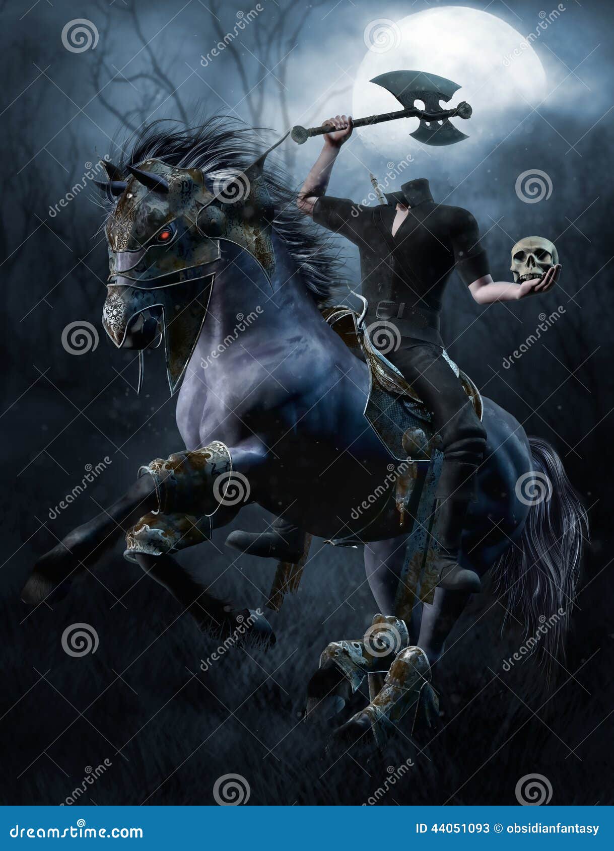 Ruiter Zonder Hoofd in Het Bos Stock Illustratie - Illustration of maan ...