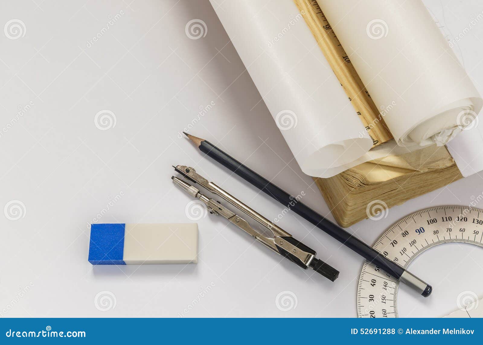 Protractor, Pencil And Eraser Lying On A Sheet Of Graph Paper Royalty ...