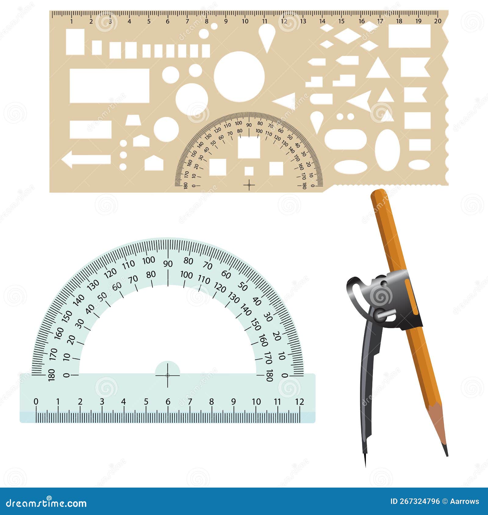 Ruler Compasses and Protractor Drawing Tools on a White Background ...