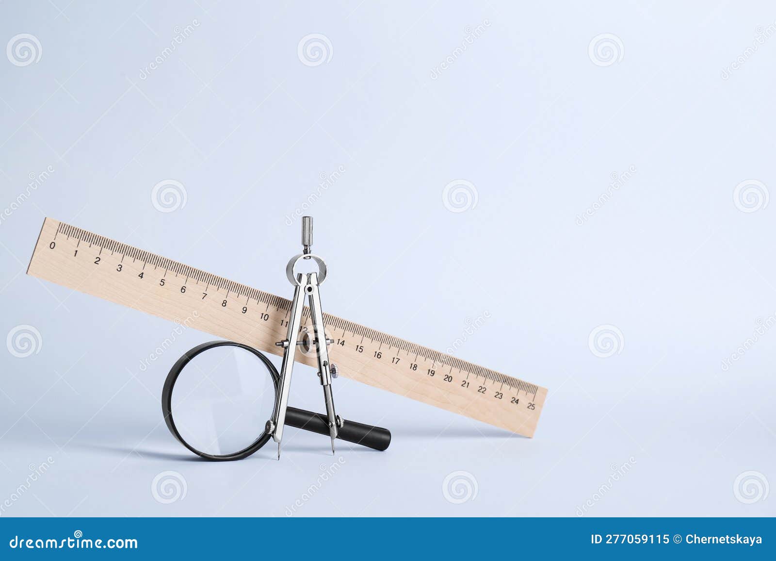 Ruler, Magnifying Glass and Compass on White Background Stock Image ...