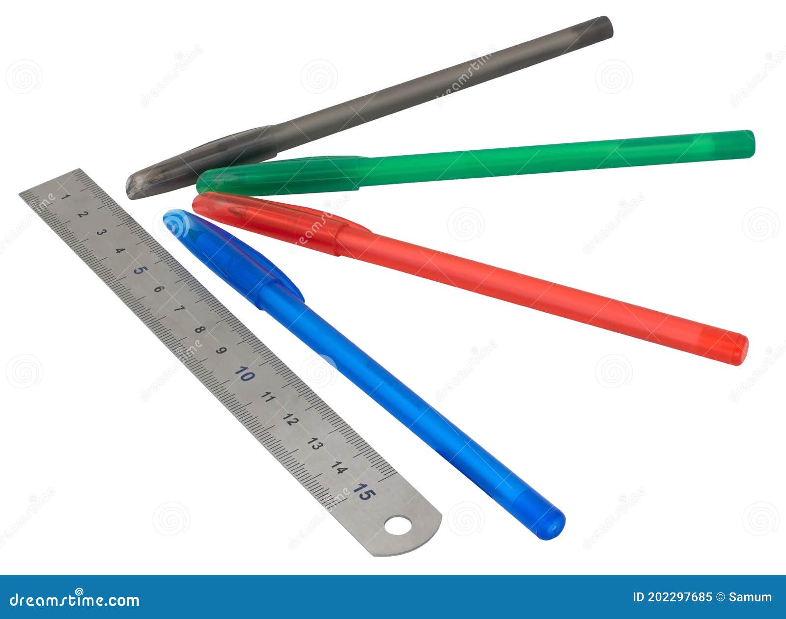 Ruler and Multi-colored Ballpoint Pens on the White Stock Image - Image ...