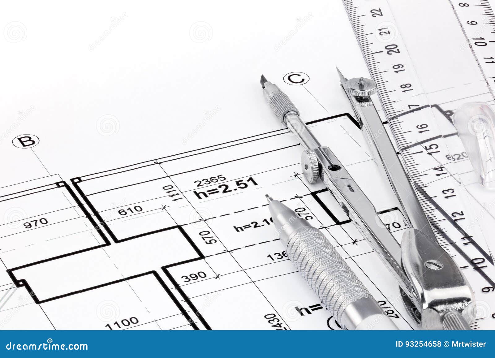 Ruler, Pen and Drawing Compass on Architectural Drawing of House Stock ...