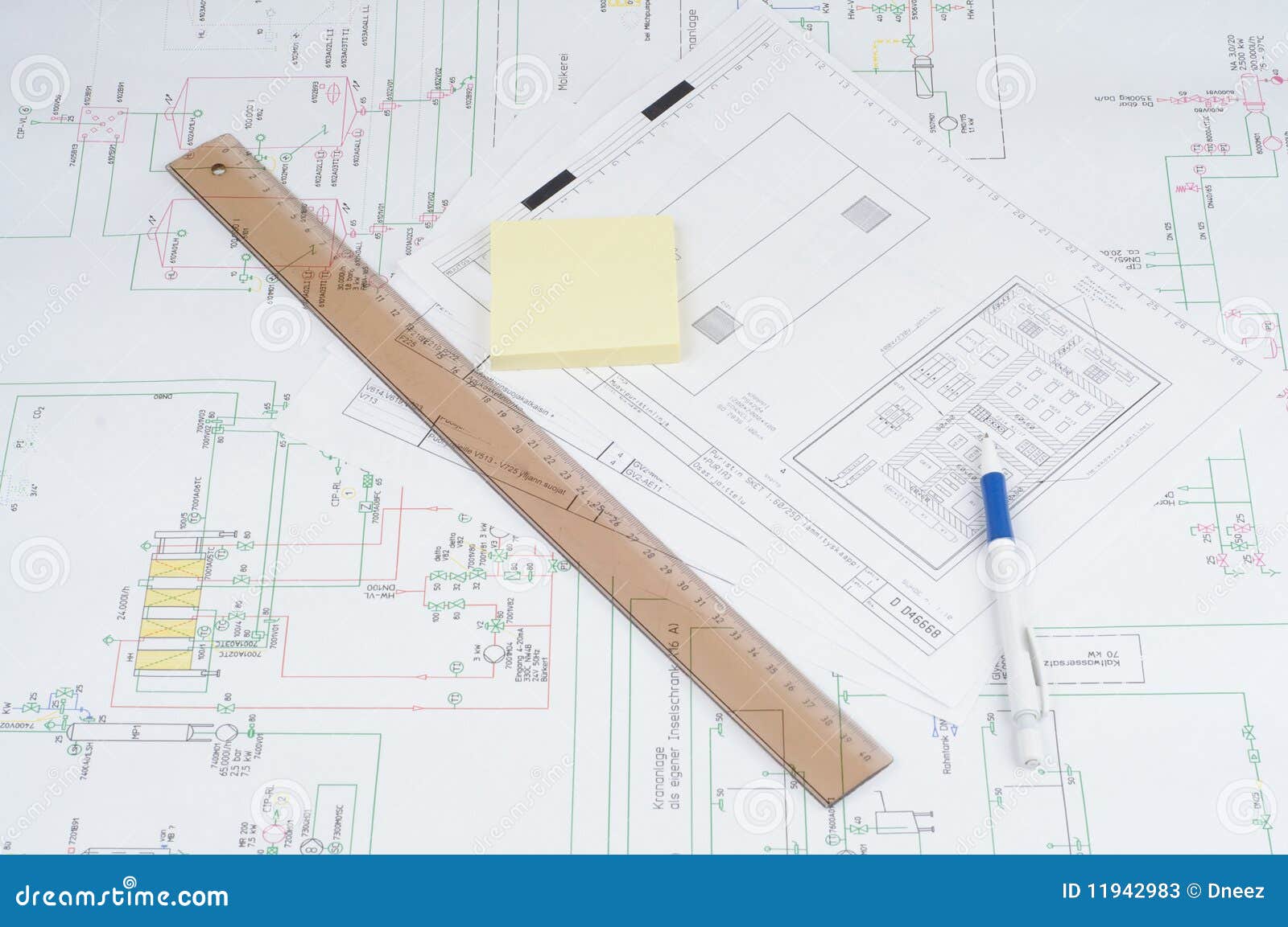 Ruler, Pencil and Notes on Blueprint. Stock Image - Image of document ...