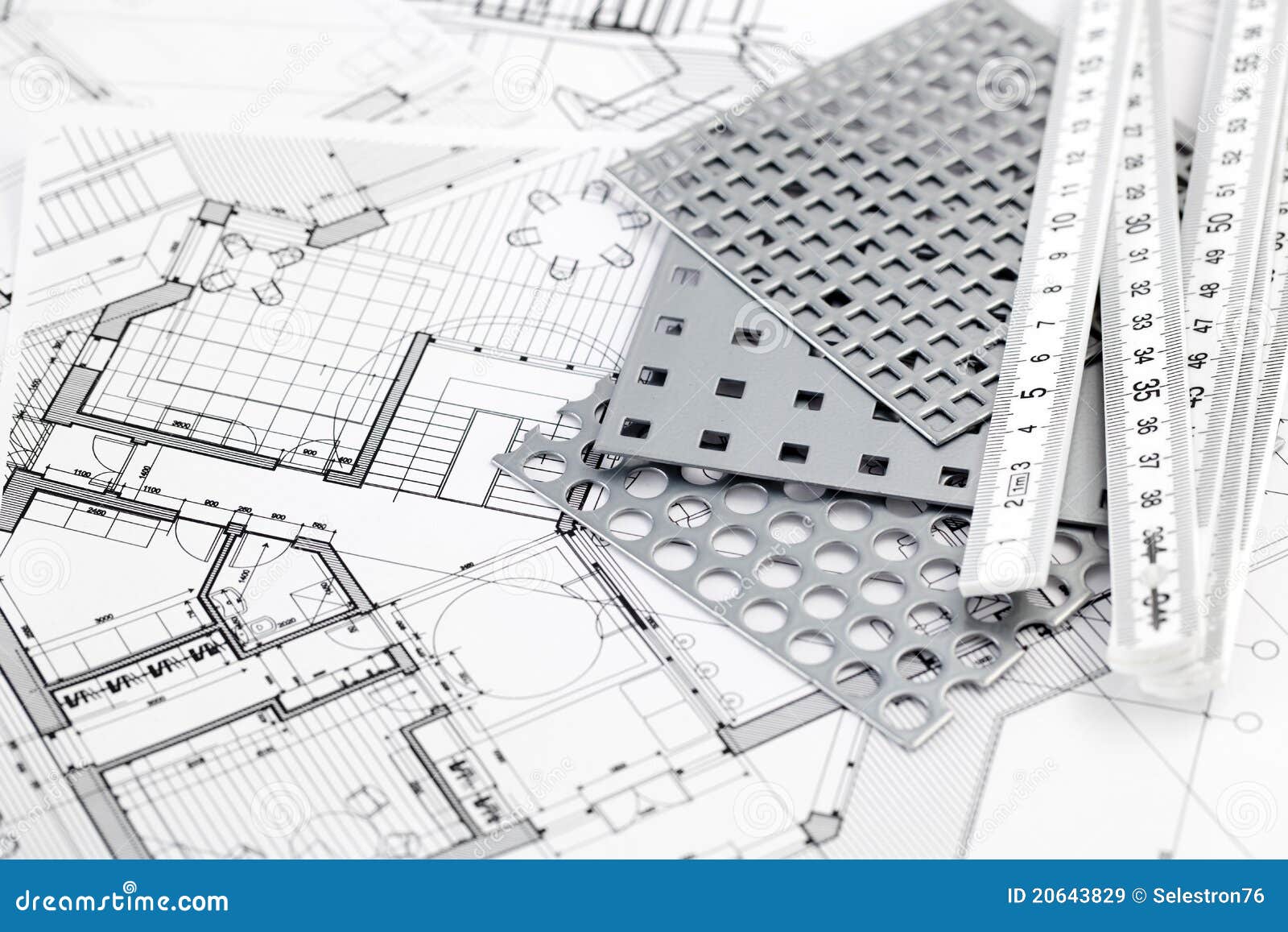 Ruler, Perforated Metal & Architectural Plans Stock Image - Image of ...