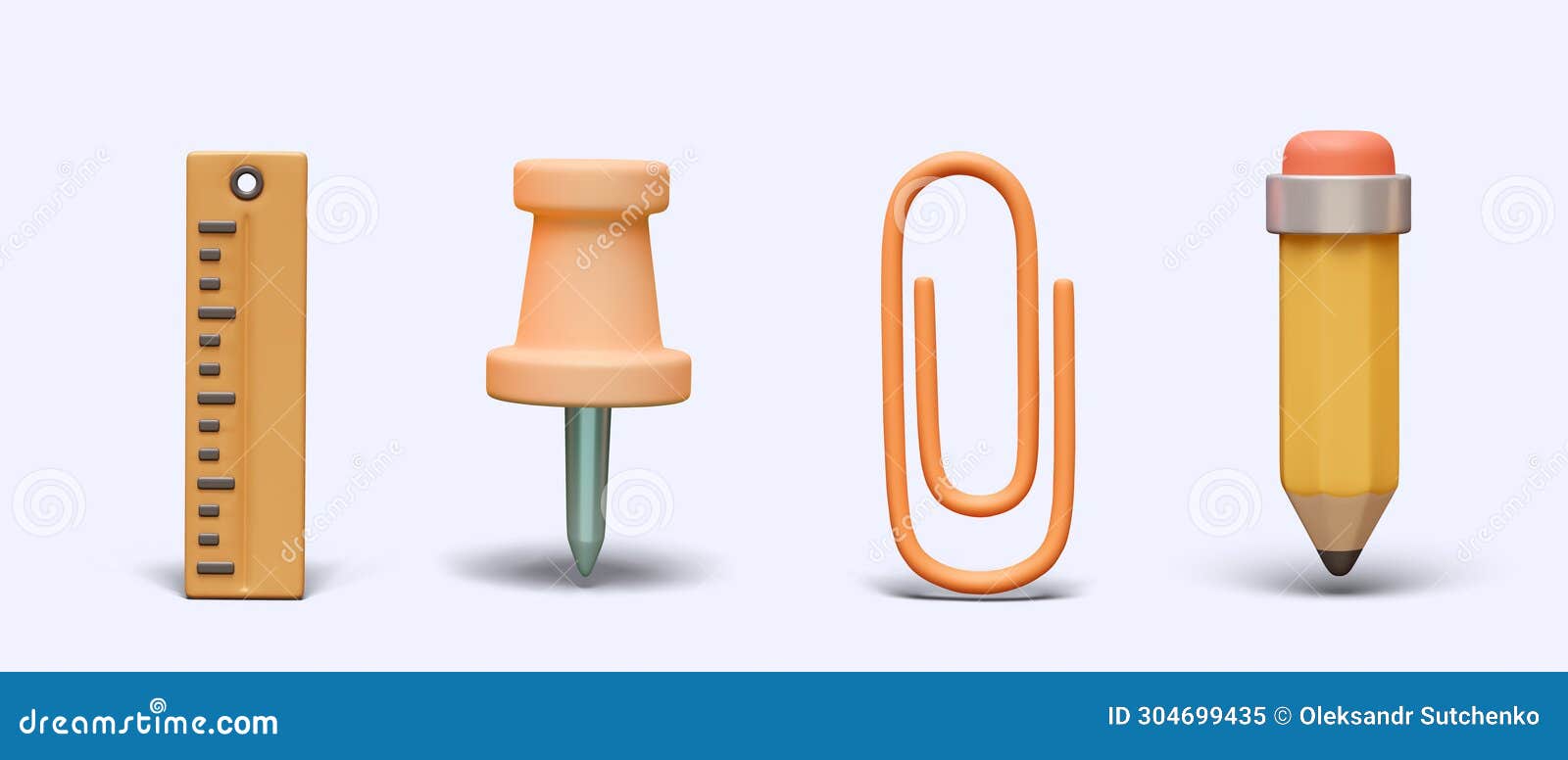 Ruler, Pushpin, Paper Clip, Pencil. Vector 3D Stationery in Vertical ...