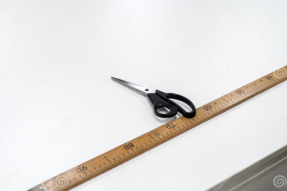 Ruler and Scissors for Fabric Stock Photo - Image of fabric, white ...