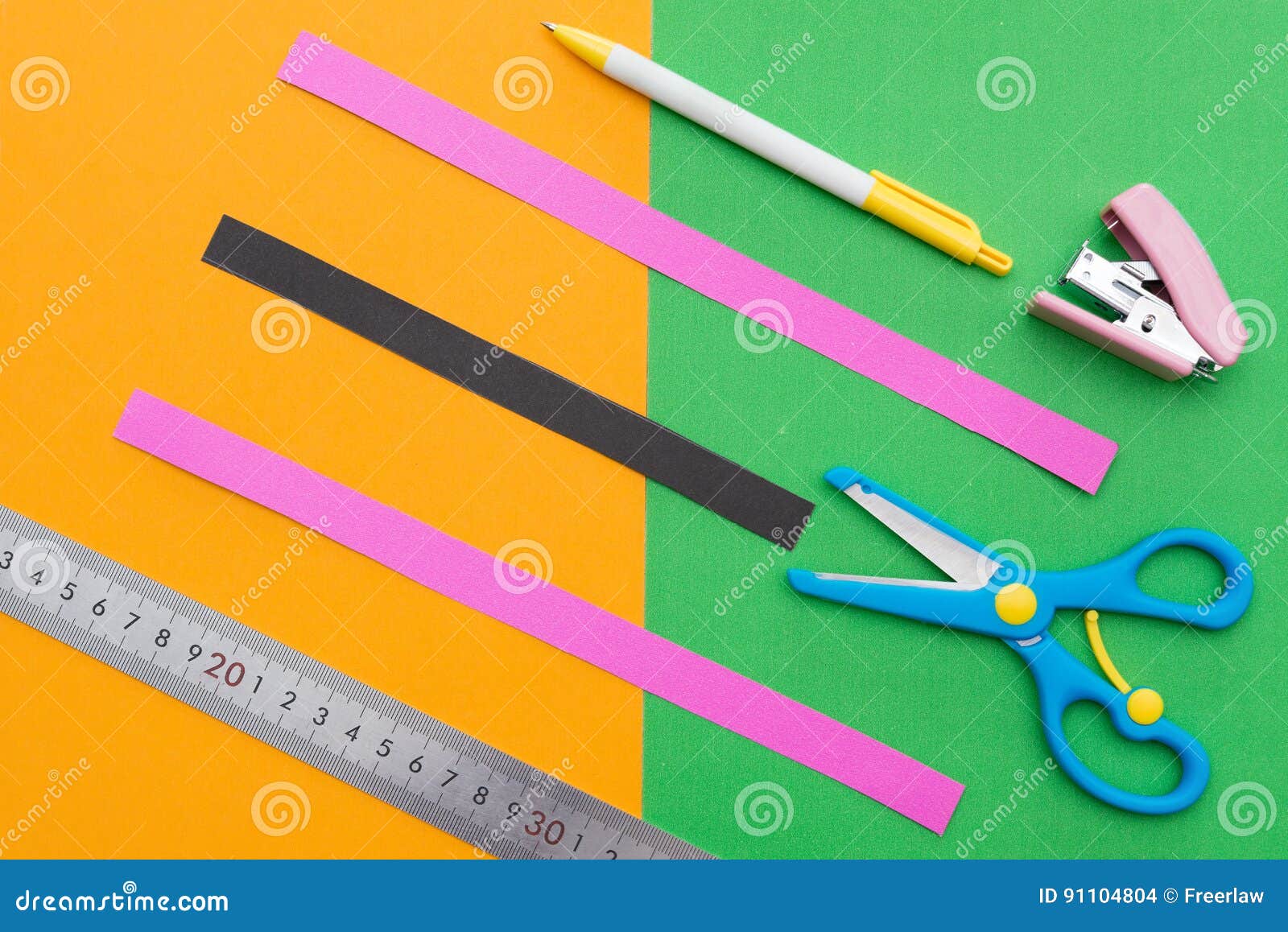 Ruler Scissors Stapler and Hand Cut Paper Straps Stock Photo - Image of ...