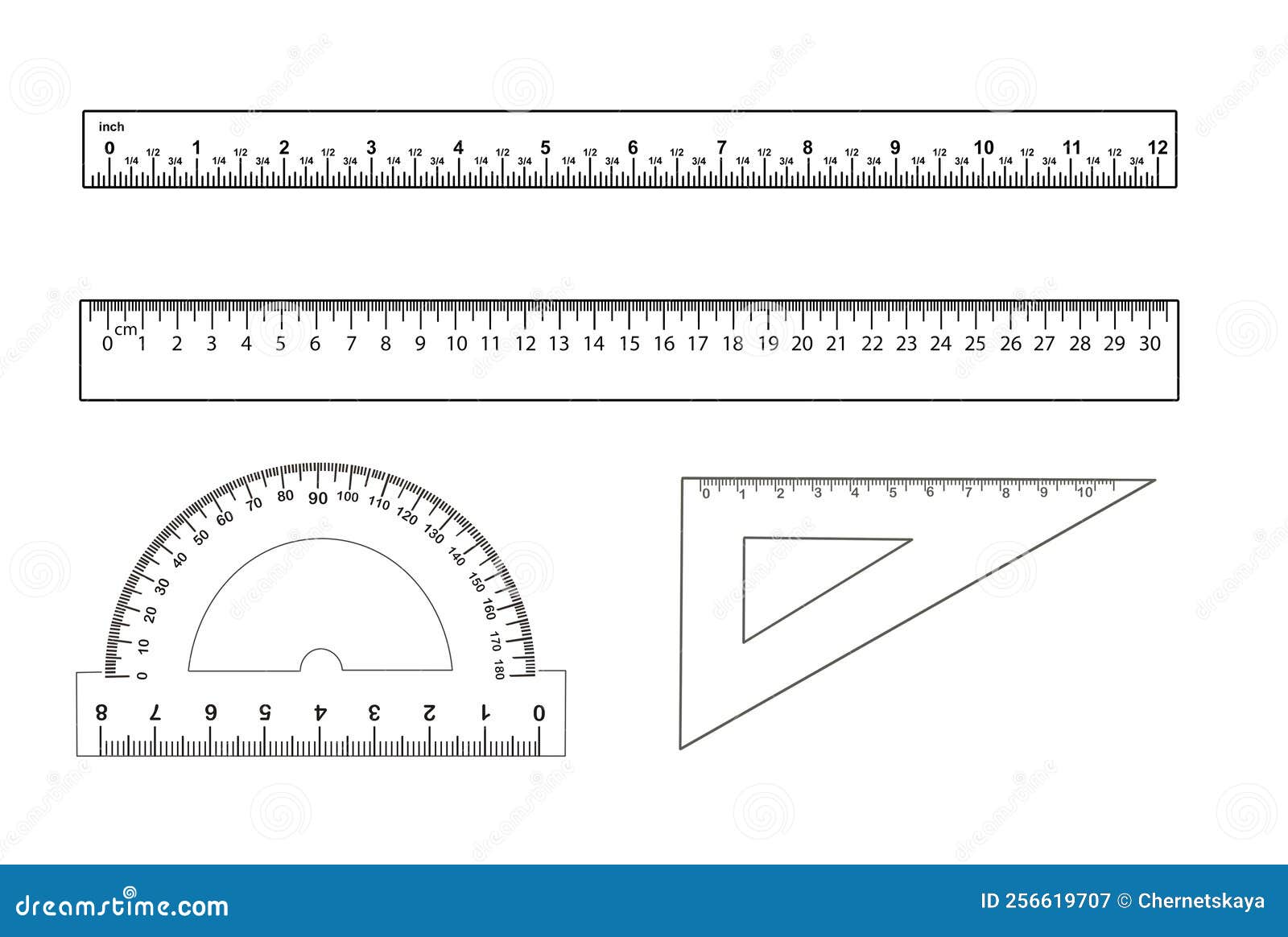 Rulers, Triangle and Protractor on White Background, Collage ...