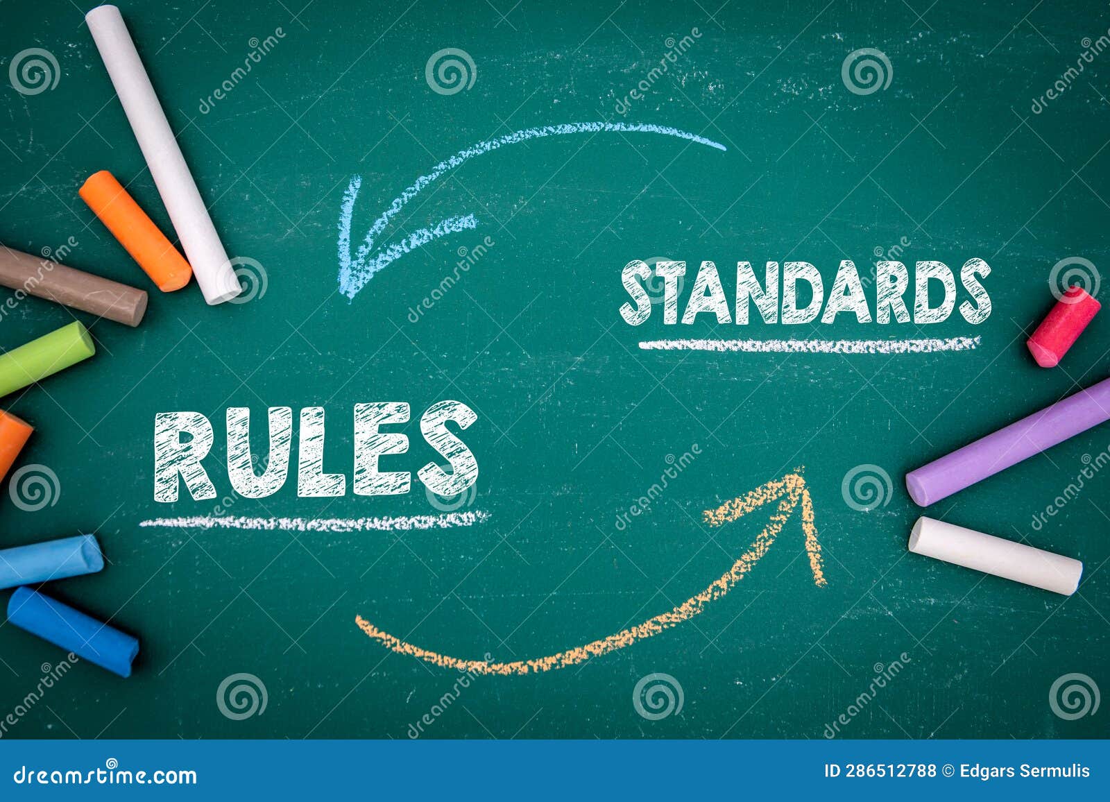 RULES and STANDARDS Concept. Text and Colored Pieces of Chalk on a ...