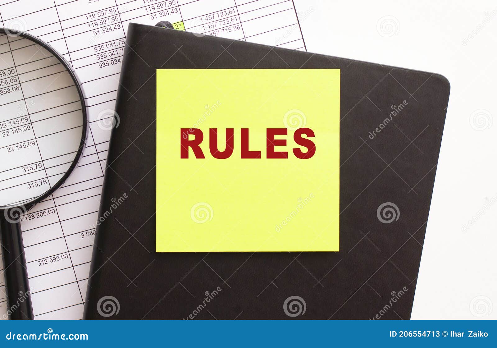 RULES Text on a Sticker on Your Desktop. Diary and Magnifier Stock ...