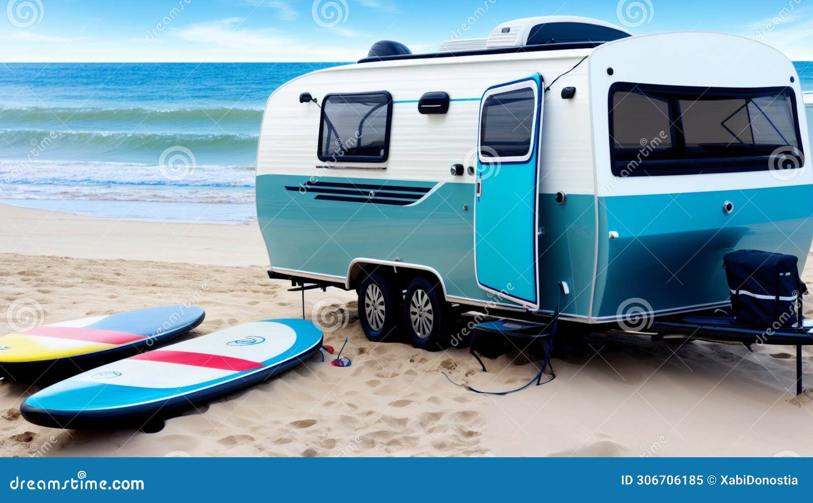 Rulot Trailer Caravan Parked on the Beach Sand with Surfboards Stock ...